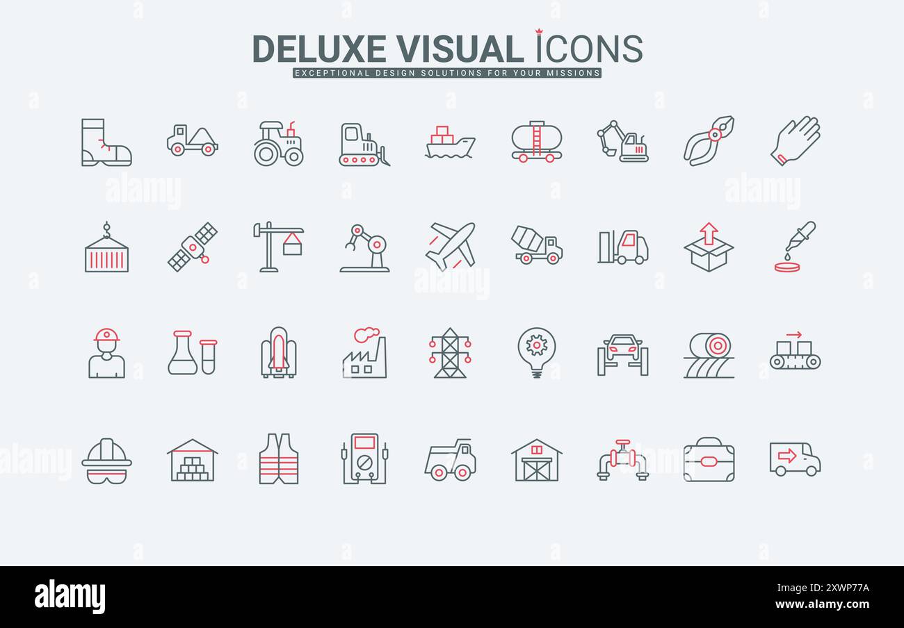 Manufacturing and agriculture, space research line icons set. Safety ...