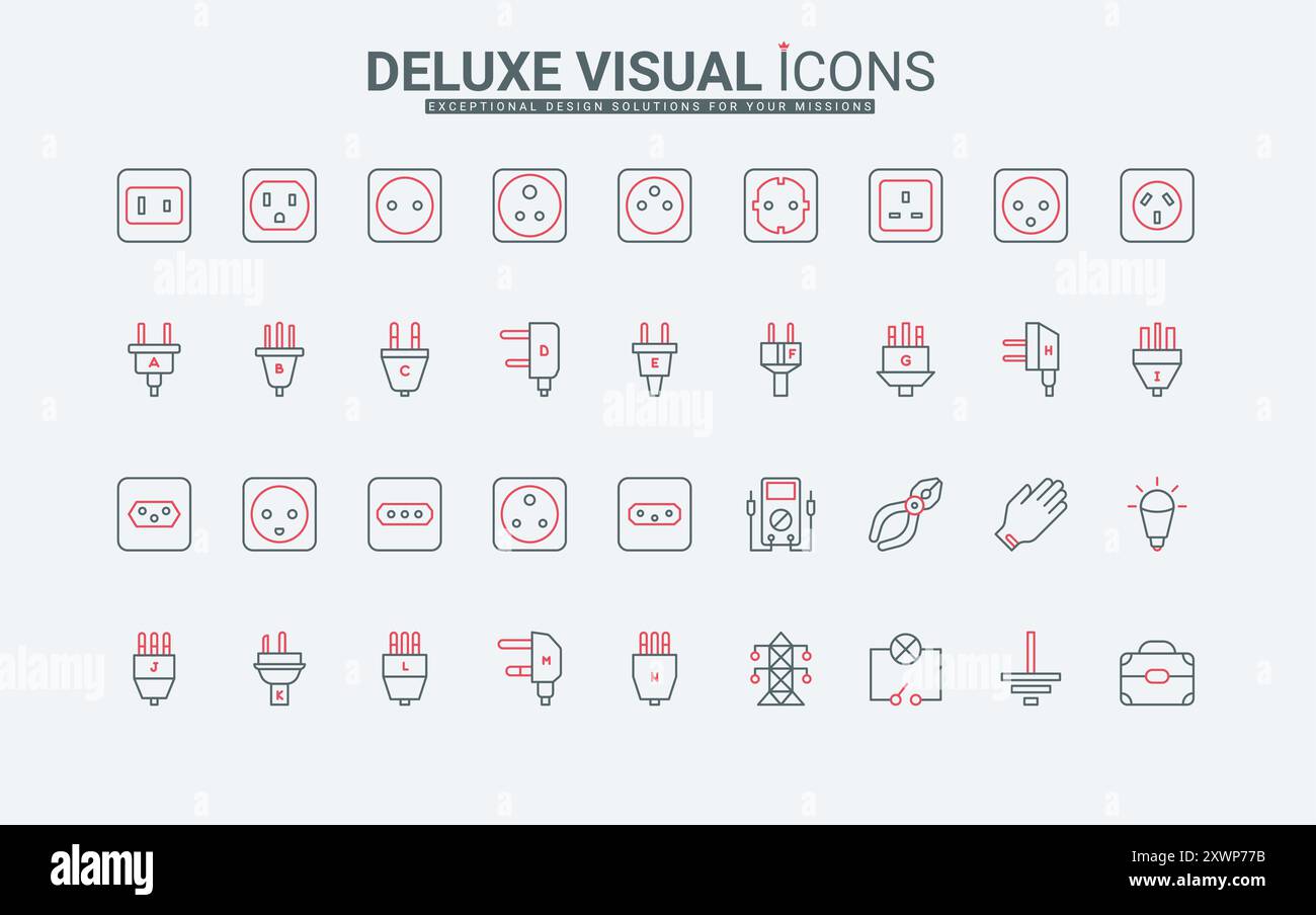 International adapter, types of electric sockets and plugs line icon ...