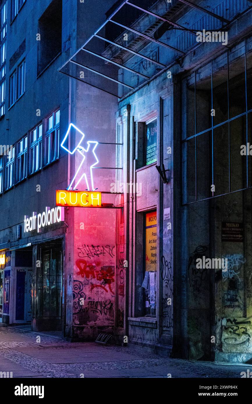 Ruch newspaper agnet kiosk neon sign on a building at 1950s communist ...