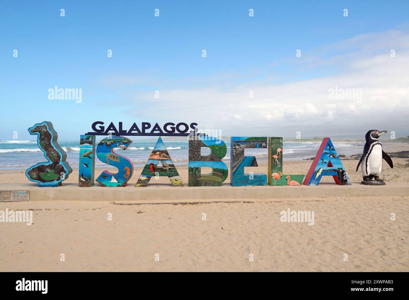 Isabela Galapagos sign, Beach, Puerto Villamil village, Isabela Island ...