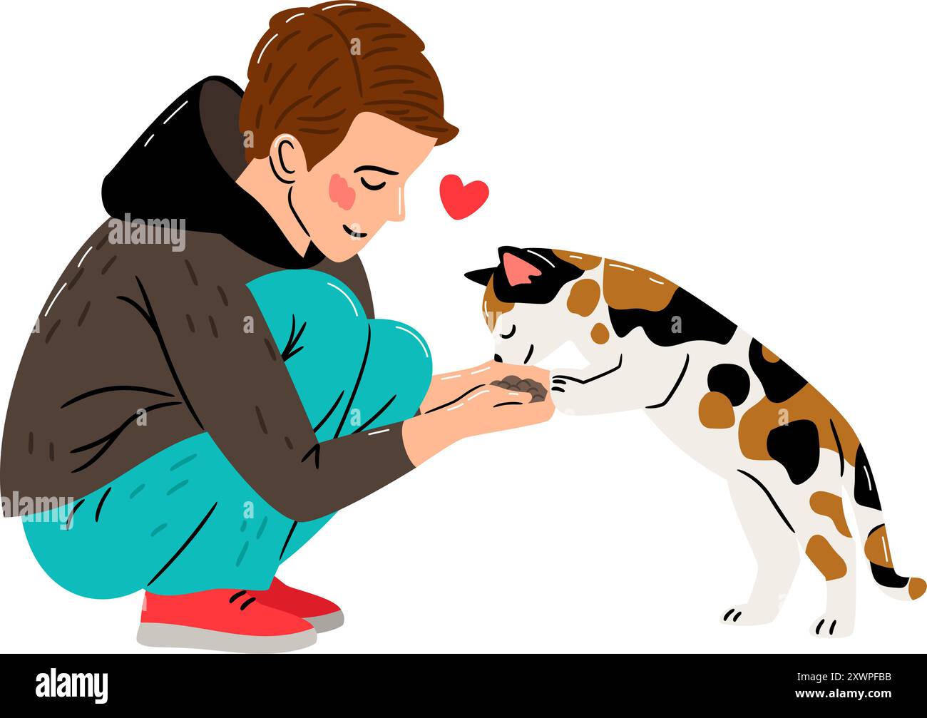 Caring boy hand feeds a cat authors work Stock Vector Image & Art - Alamy