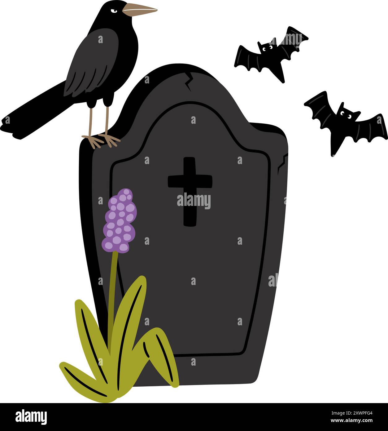 Cartoon halloween grave with black raven. Vector illustration on white ...