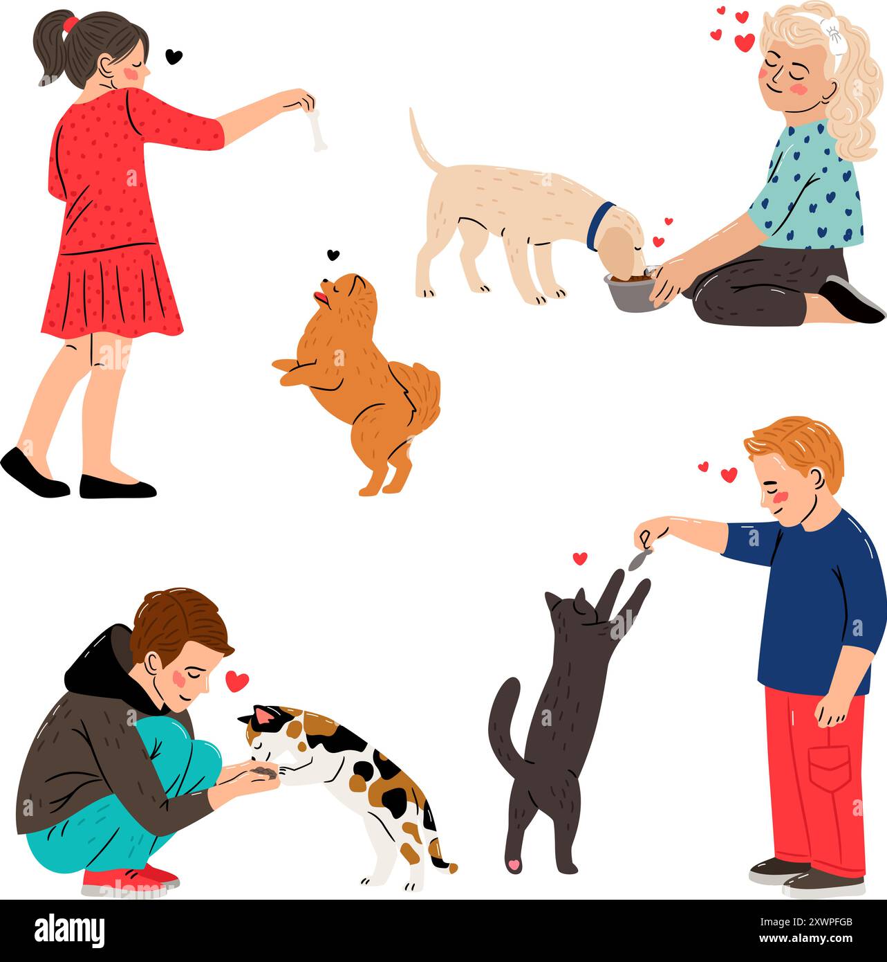 Children feed pets. Girl takes care of a dog. Boy plays with a cat ...