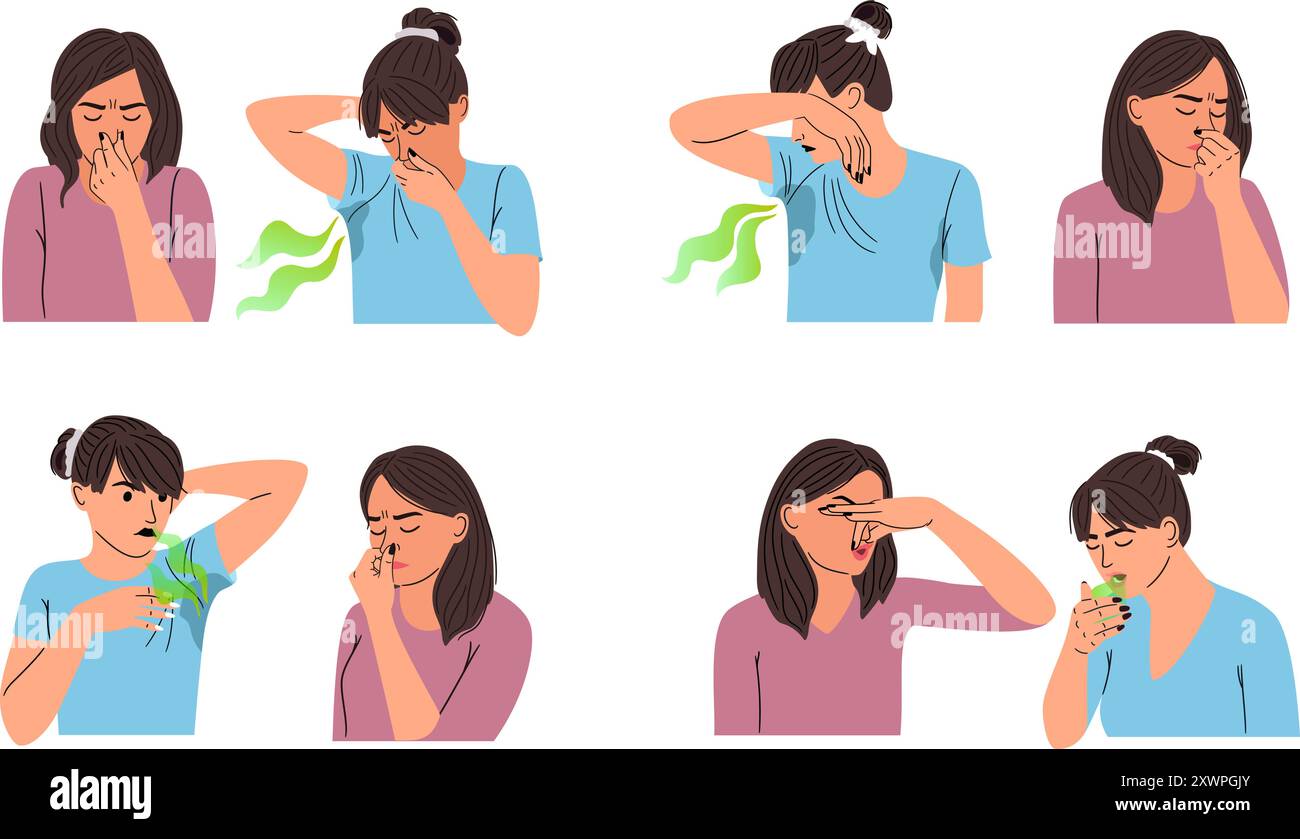 Woman covers her nose with her hand from the unpleasant stinking smell ...