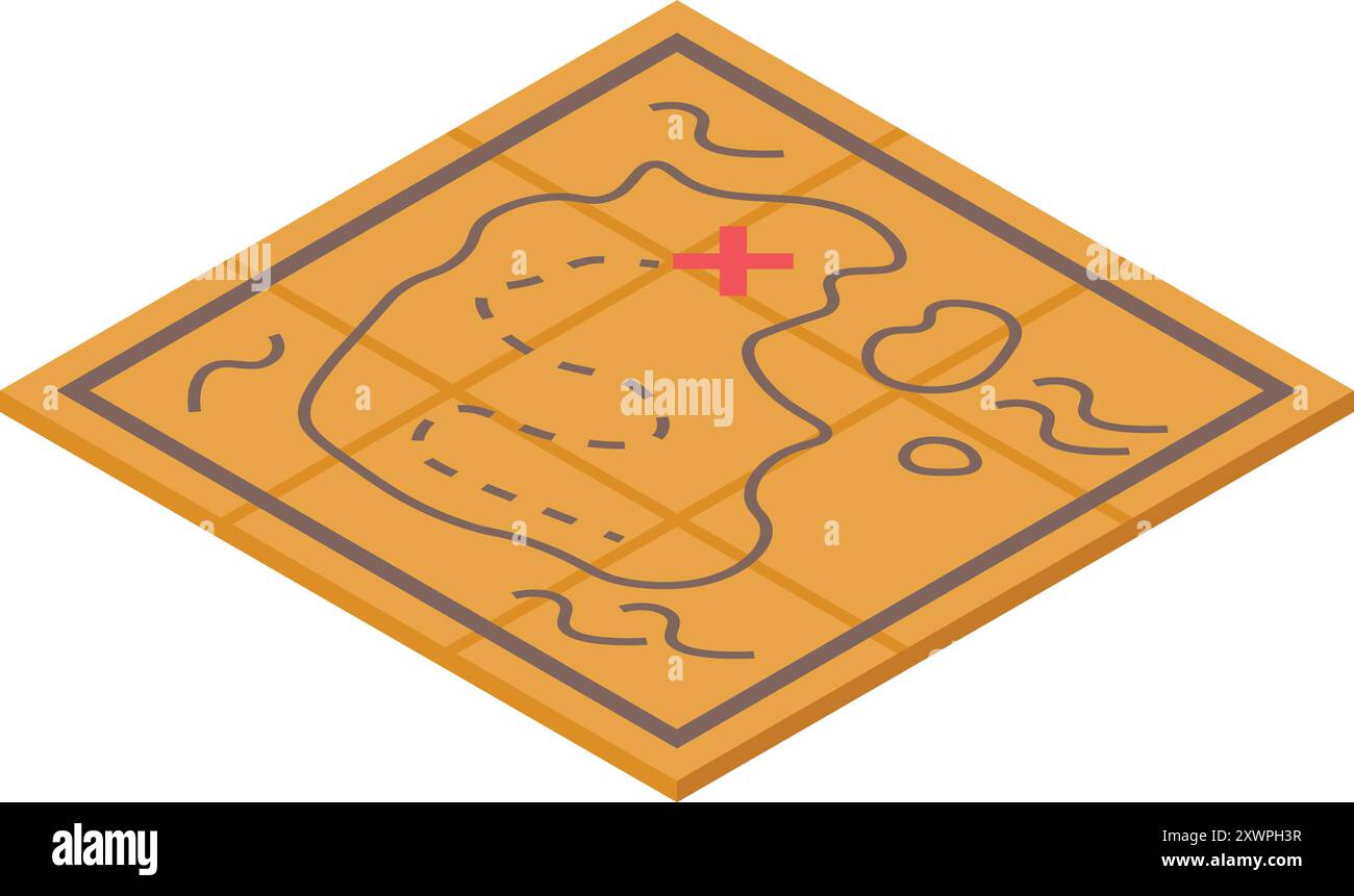 Old treasure map showing the location of a treasure marked by a red x ...