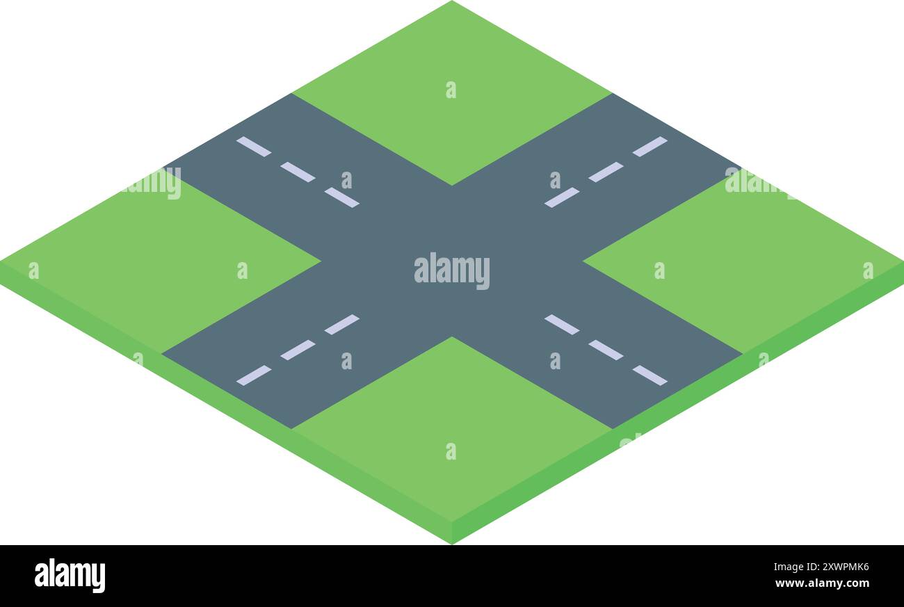 Isometric view of a crossroads dividing green space with asphalt ...