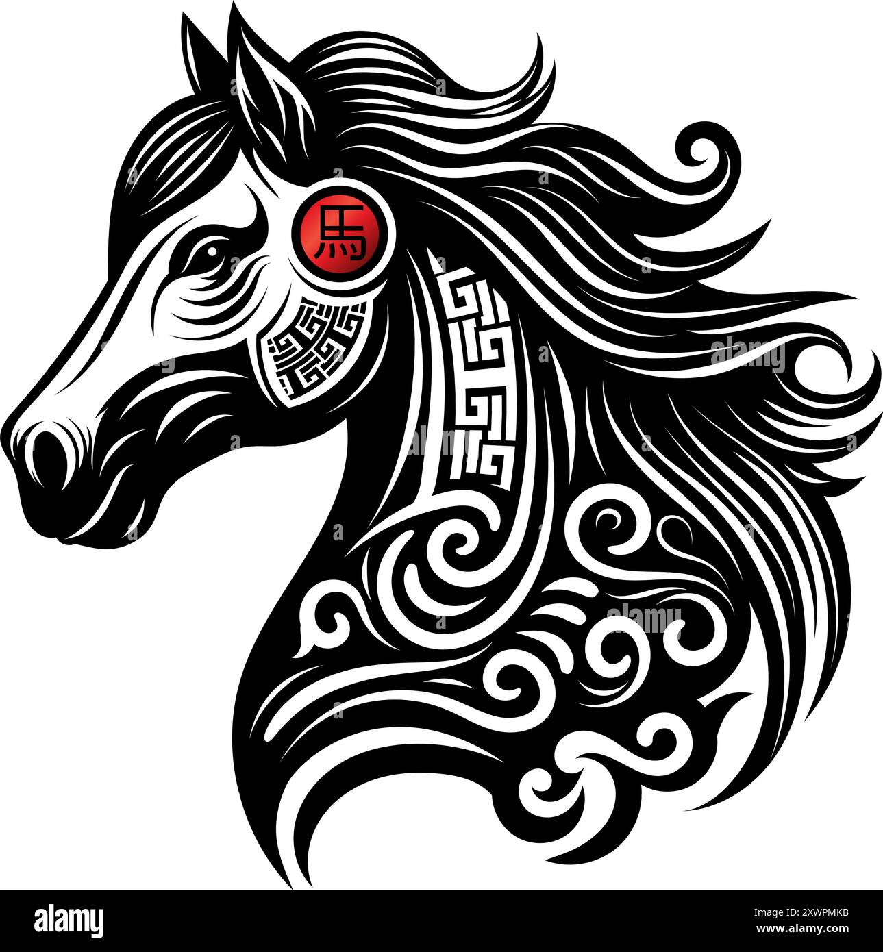 Chinese Year of the Horse 2026 decorative monochrome vector sign or ...