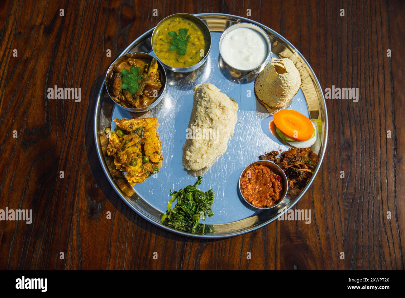 Nepali Meal of Daal Bhaat Tarkari Thakali Thali Meat Rice vegetables ...
