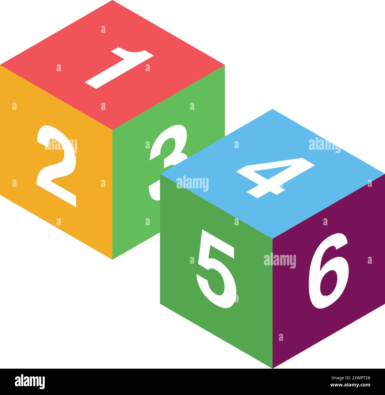 Two colorful cubes showing numbers one to six on their sides Stock ...