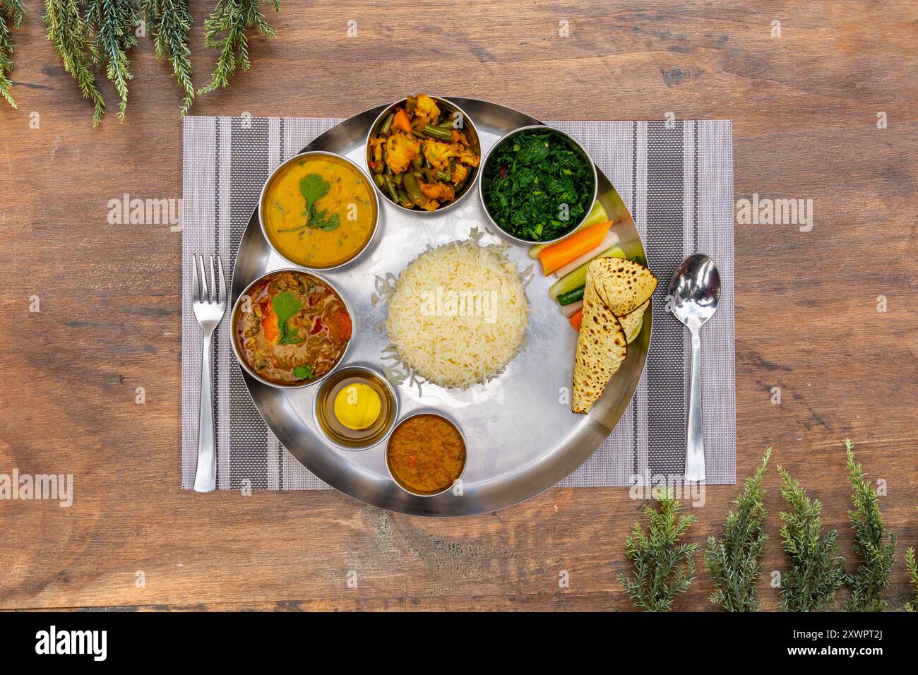 Nepali Meal of Daal Bhaat Tarkari Thakali Thali Meat Rice vegetables ...