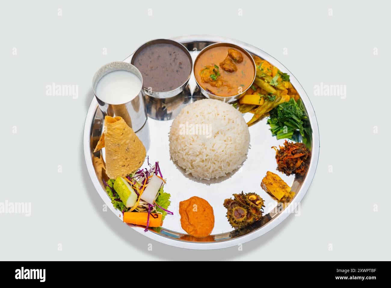 Nepali Meal of Daal Bhaat Tarkari Thakali Thali Meat Rice vegetables ...
