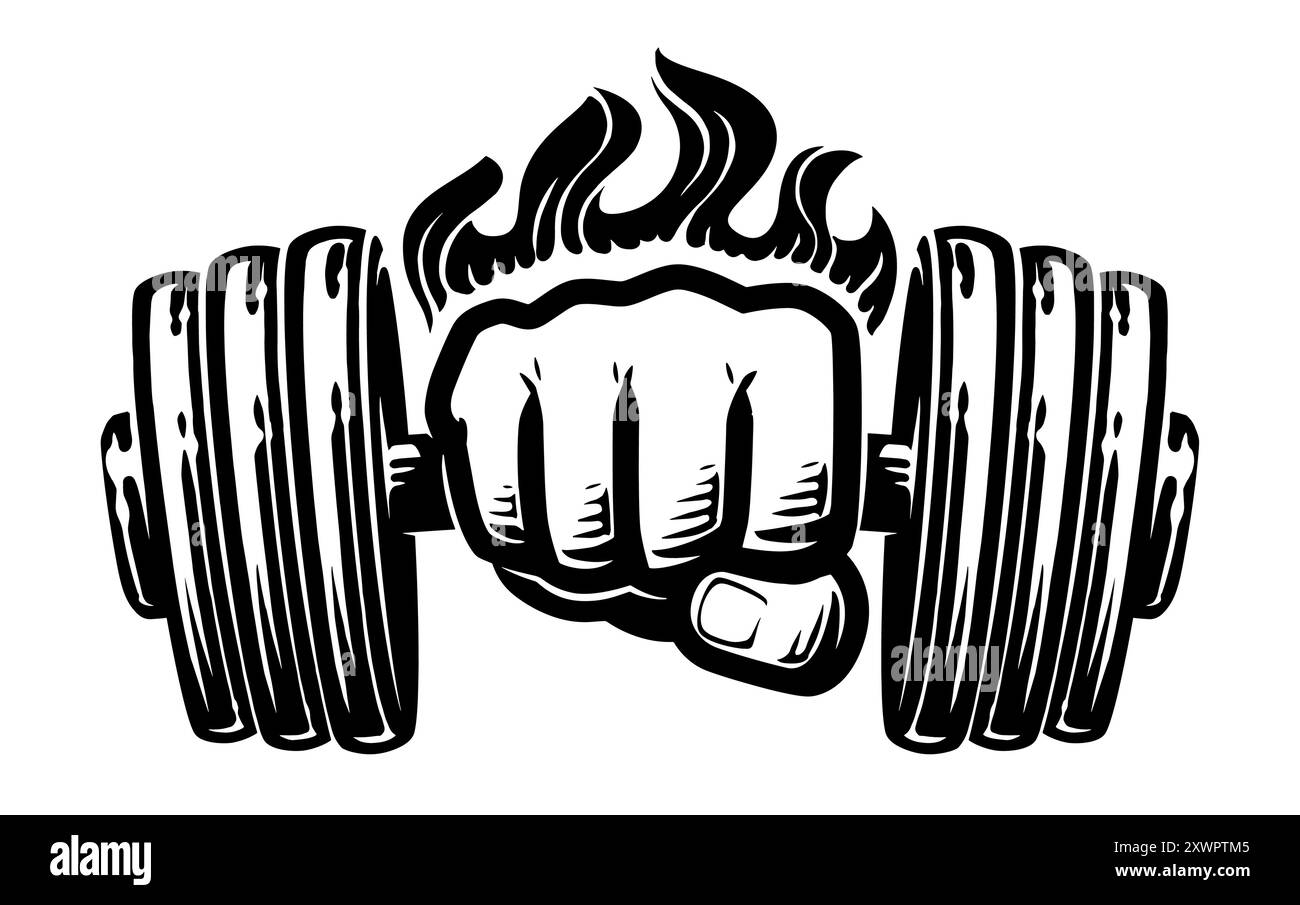 Strong clenched hand fist holding lifting dumbbell or barbell. Gym, bodybuilding or sports club ...