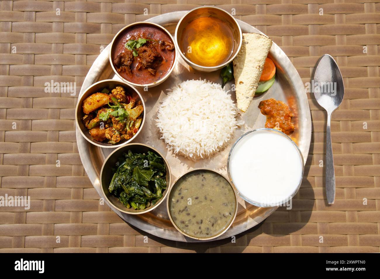Nepali Meal of Daal Bhaat Tarkari Thakali Thali Meat Rice vegetables ...