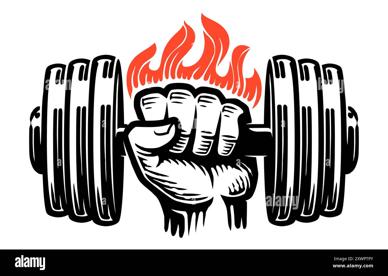 Hand with barbell, strong fist with dumbbell. Weight lifting, bodybuilding, gym emblem vector ...