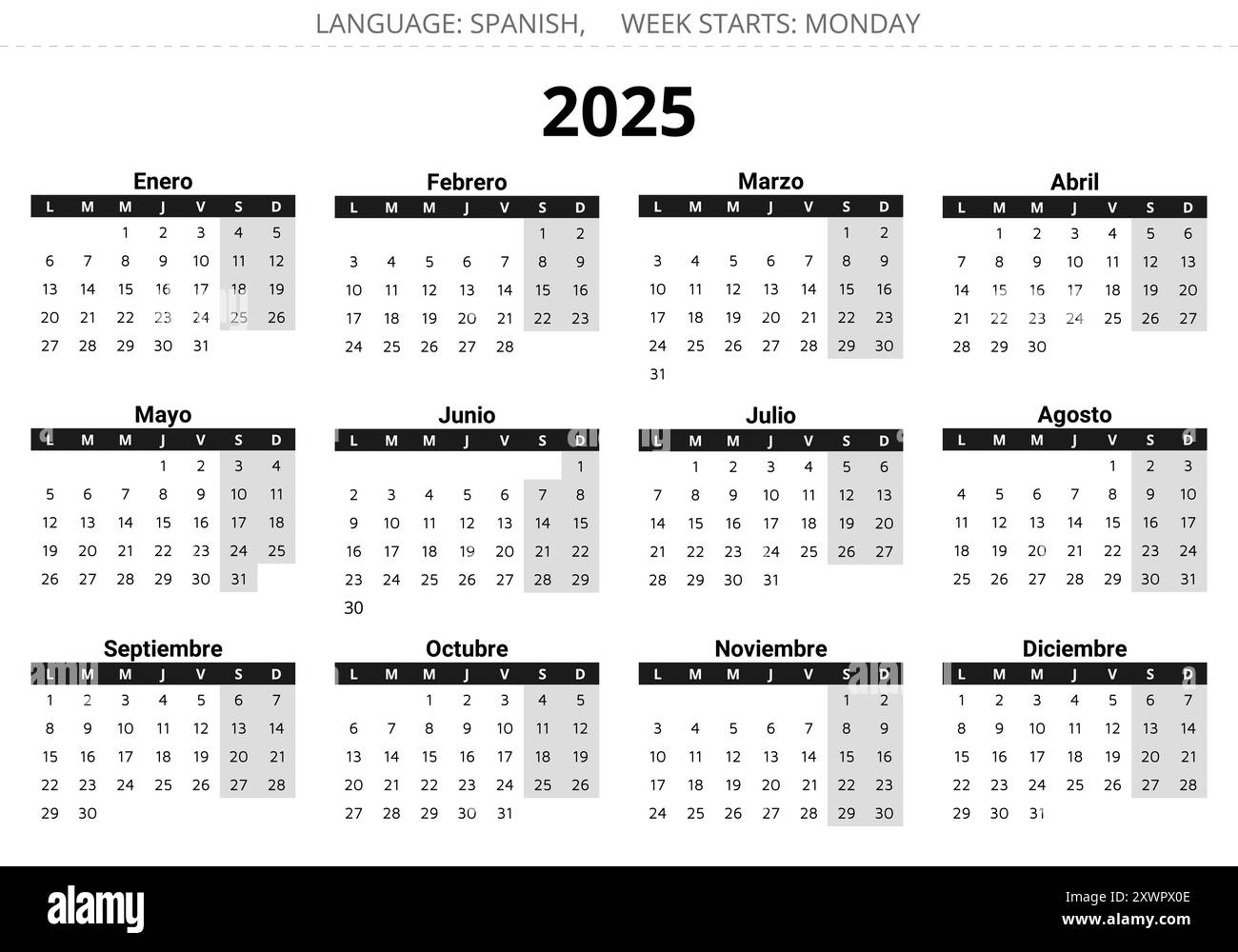 2025 year horizontal spanish calendar. Printable vector grey and black ...