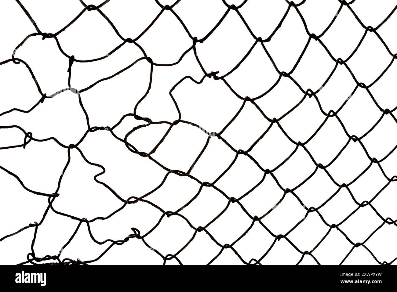 The texture of the metal mesh. Torn, destroyed, broken metal mesh on a ...