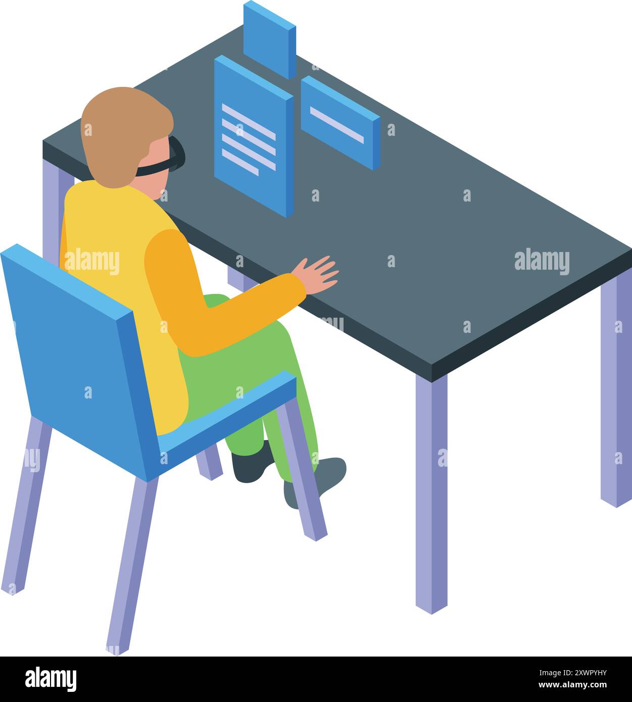 Blind person is sitting at a desk, reading braille text with an ...