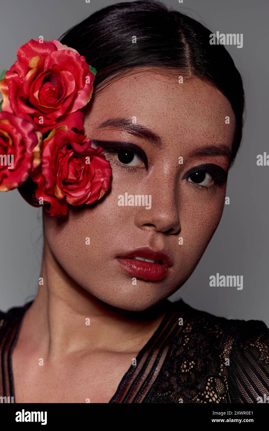 Woman in black lace top, bold makeup, red rose in hair, poses against ...