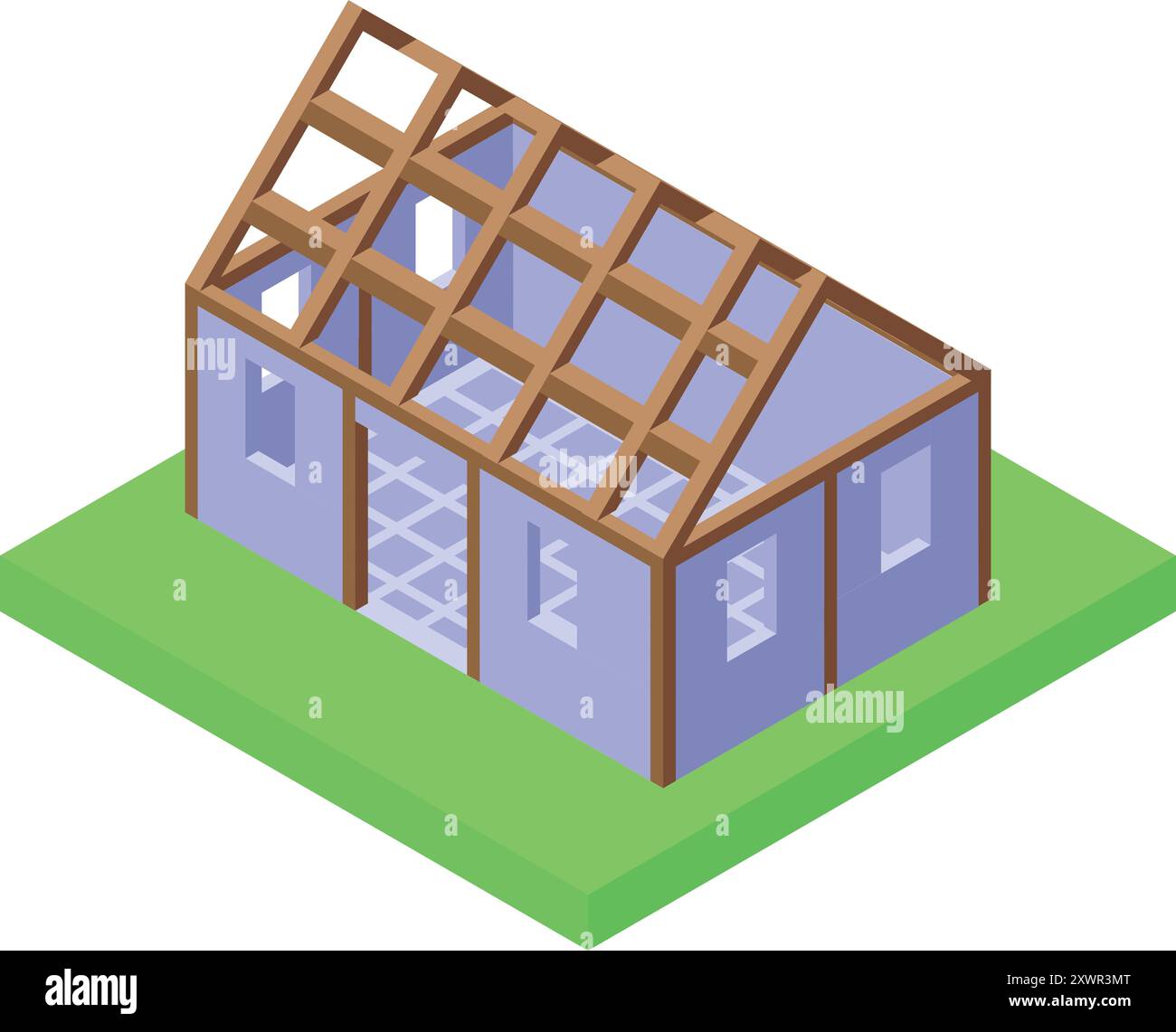 Isometric view of a home construction project showing the wooden ...