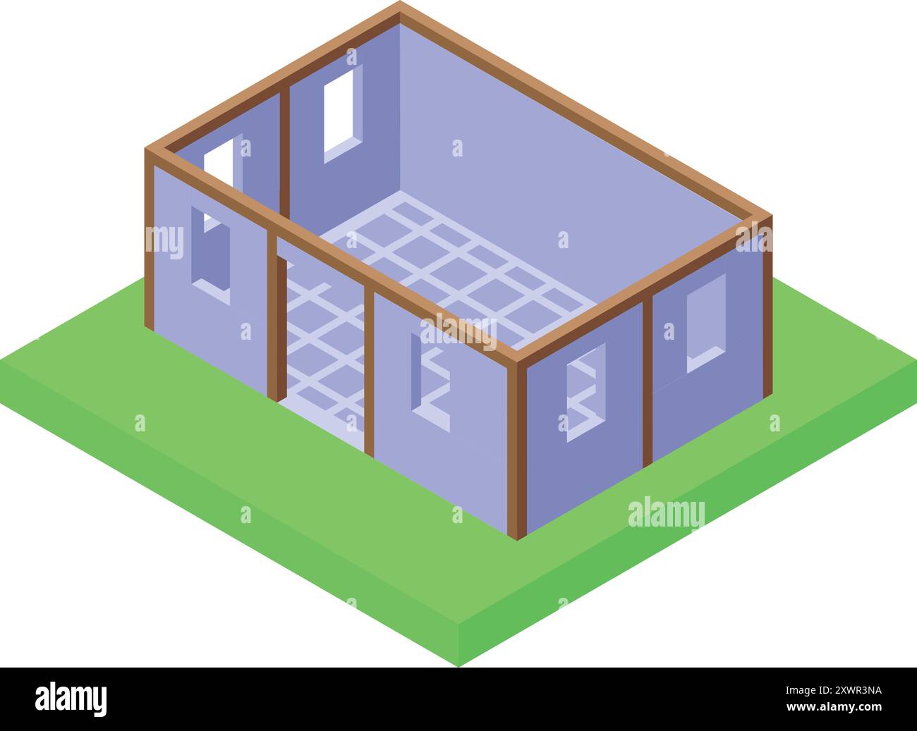 Isometric view of a one story house under construction, showing the ...