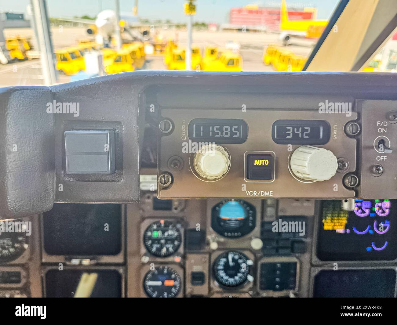 Cockpit pilot Flight Deck display. Throttle jet cabin with control ...
