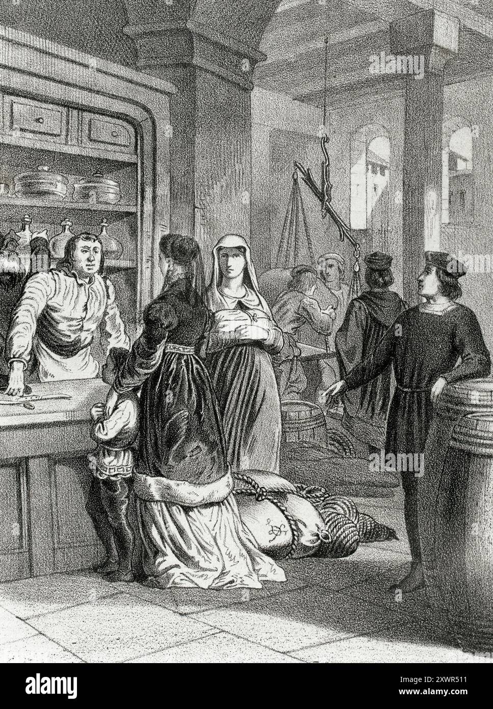 A shop in the 16th century. Lithography by J. Serra. "Historia de ...