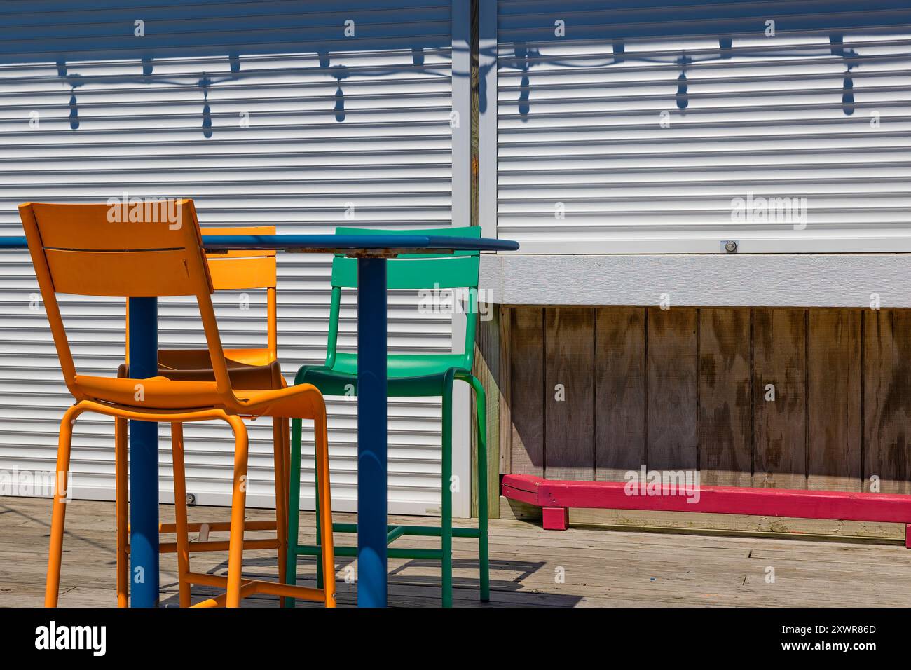 Colorful outdoor seating on Avon Pier in Outer Banks, North Carolina ...