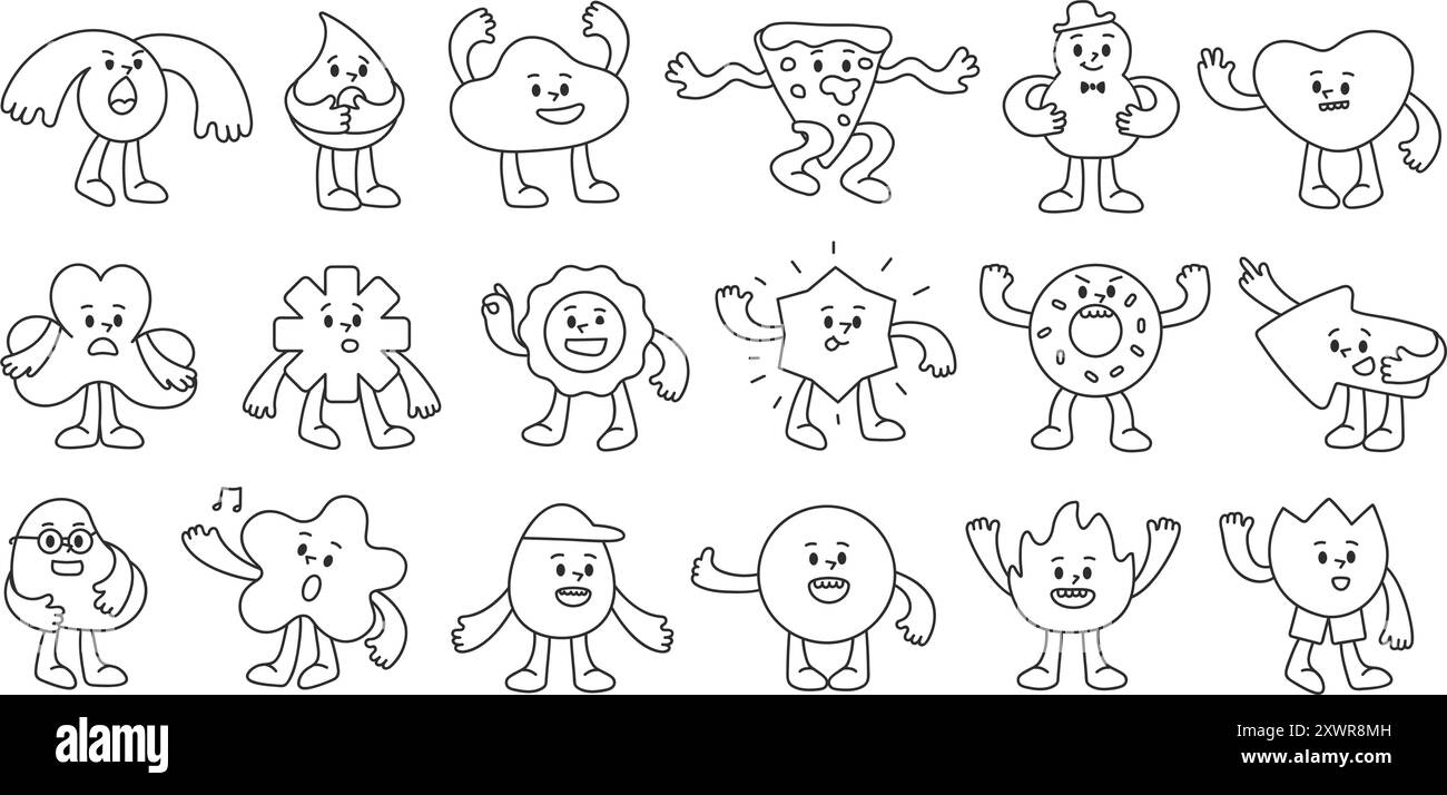 Cute abstract hand drawn characters. Doodle line shapes mascots with ...