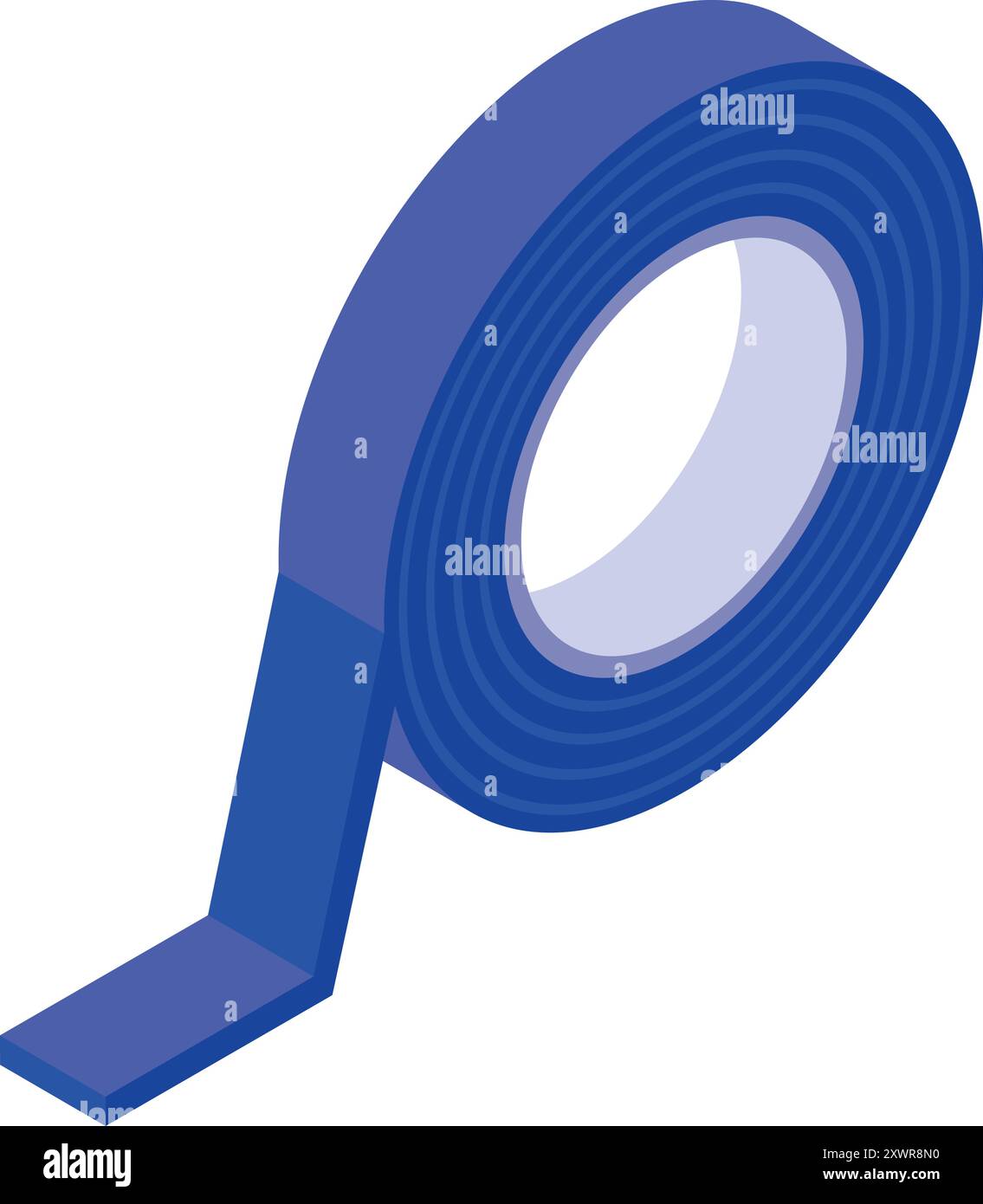 Blue duct tape roll isometric view sticking out on a white background ...
