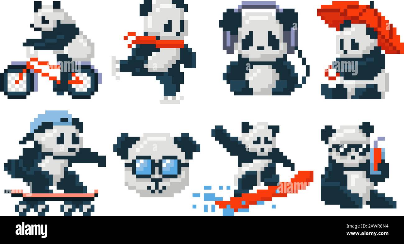 Pixel art cute pandas. Retro 8bit panda bear mascot riding bicycle and ...