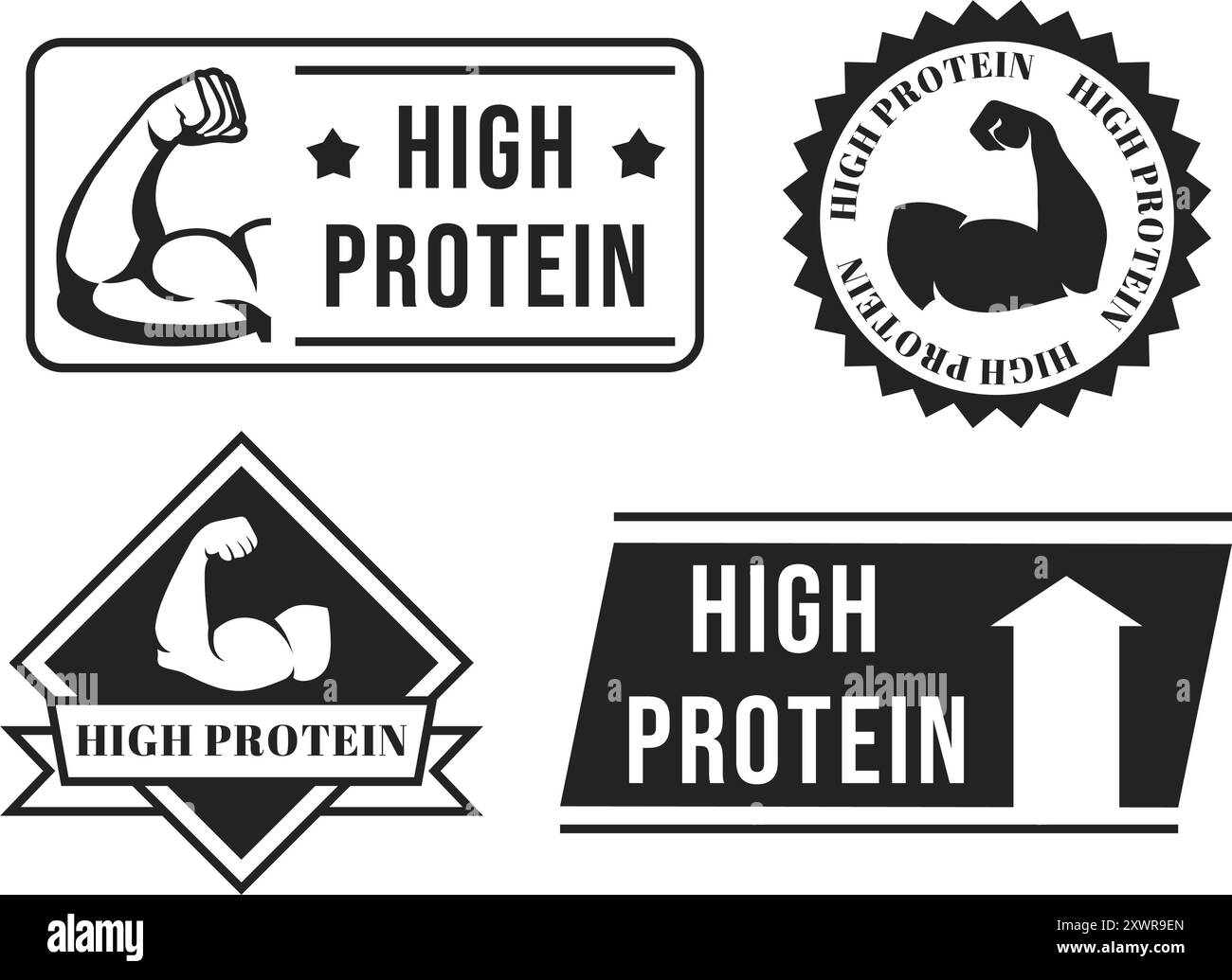 High protein stickers. Muscular arm label and strong biceps badges for ...