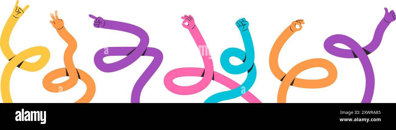 Long twisted hands. Playful cartoon curved arms with hand gestures of ...