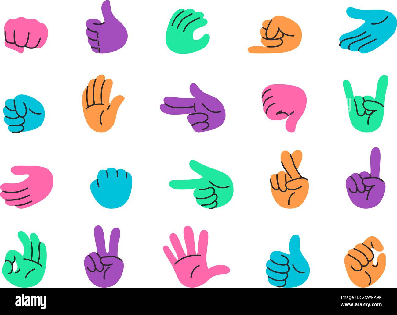 Colorful hand gestures collection. Thumbs up, pointing finger, fist and palm, okay gesture and ...