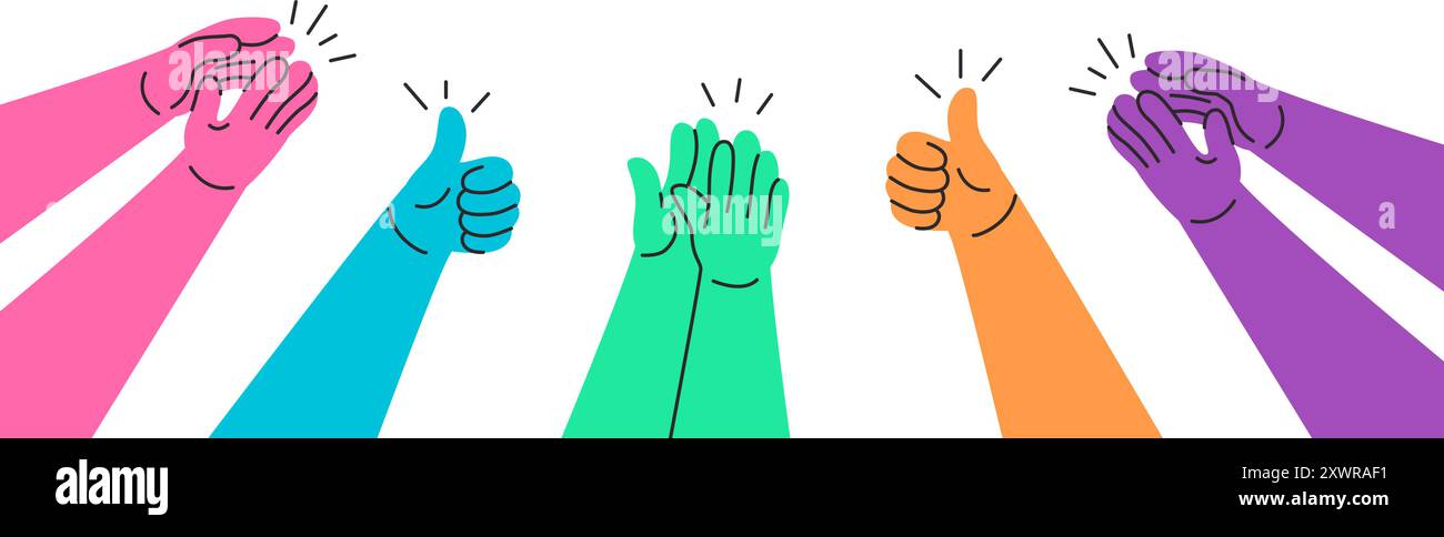 Clapping hands. Colorful doodle hands clapping and giving thumbs up ...