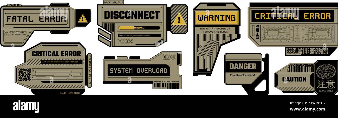 Cyberpunk decal templates. High tech critical and fatal error warning ...