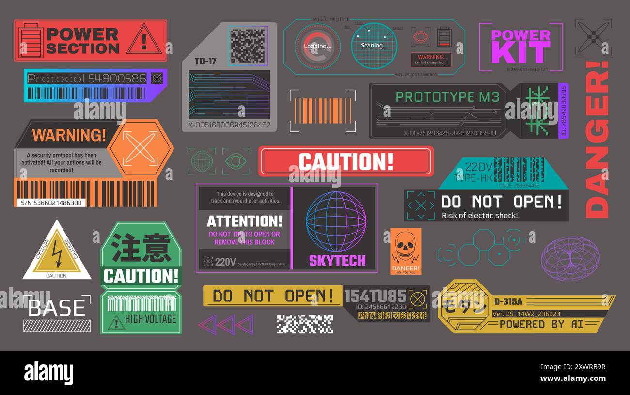Cyberpunk stickers. High tech futuristic warning and caution labels ...