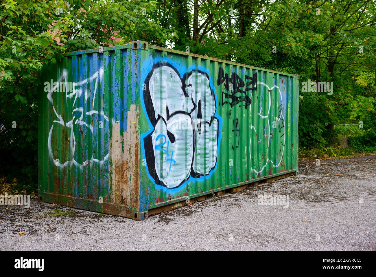 Rustic green shipping container adorned with graffiti in a lush outdoor ...