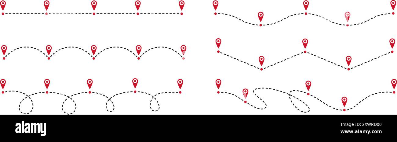 Roadmap path. Timeline dashed line, way route chart and road steps with ...