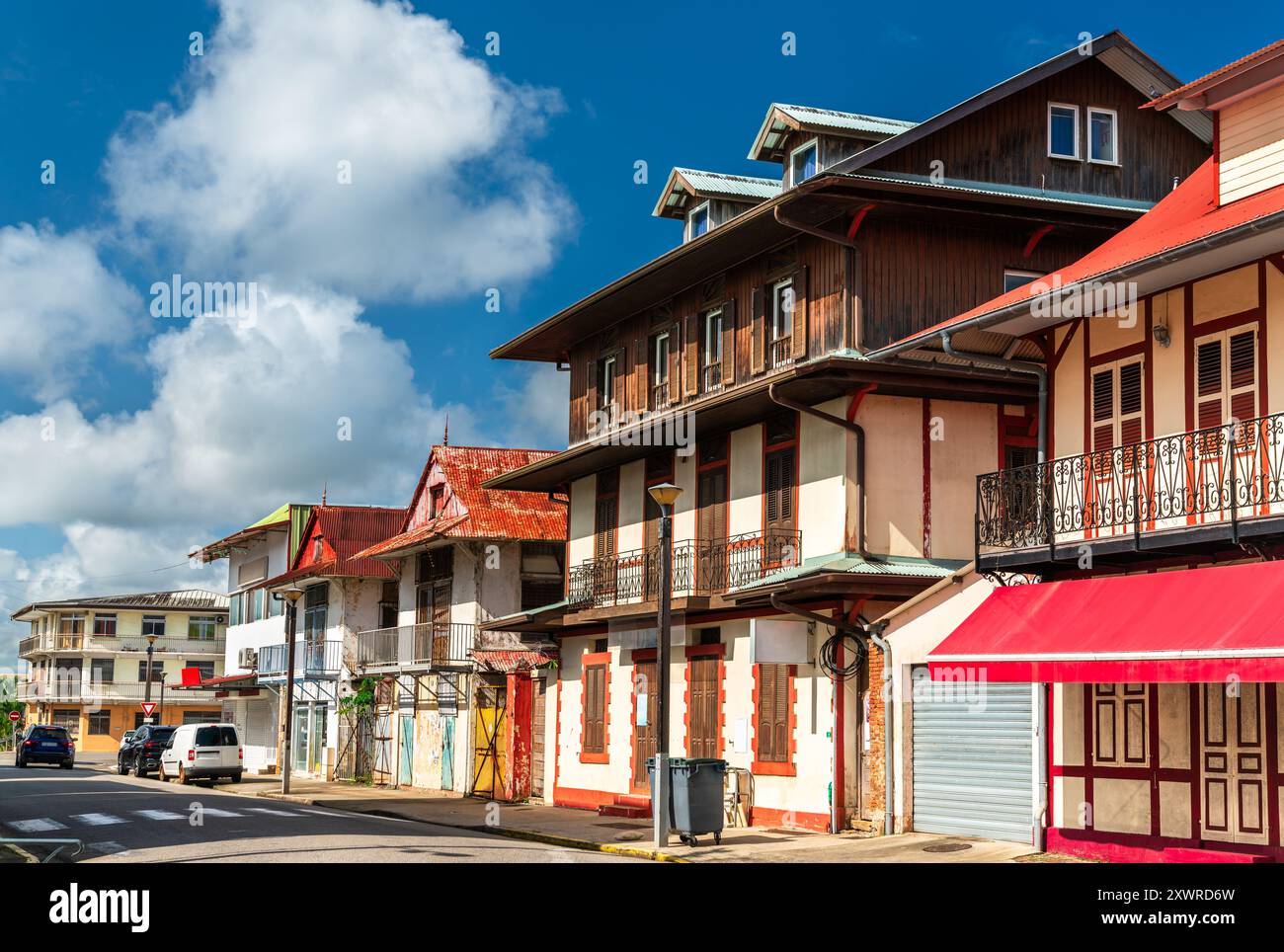 Traditional houses at Place du Coq in Cayenne, the capital of French ...