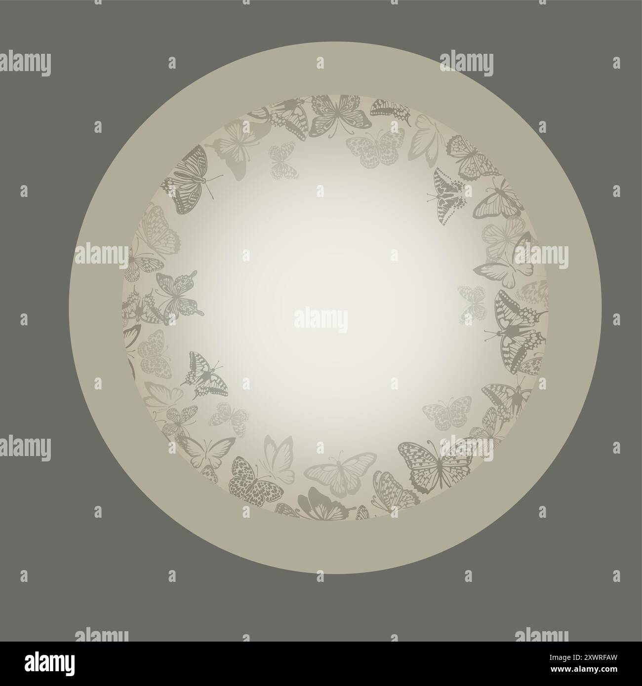 Background round frame with vintage beige butterflies. hand drawing ...