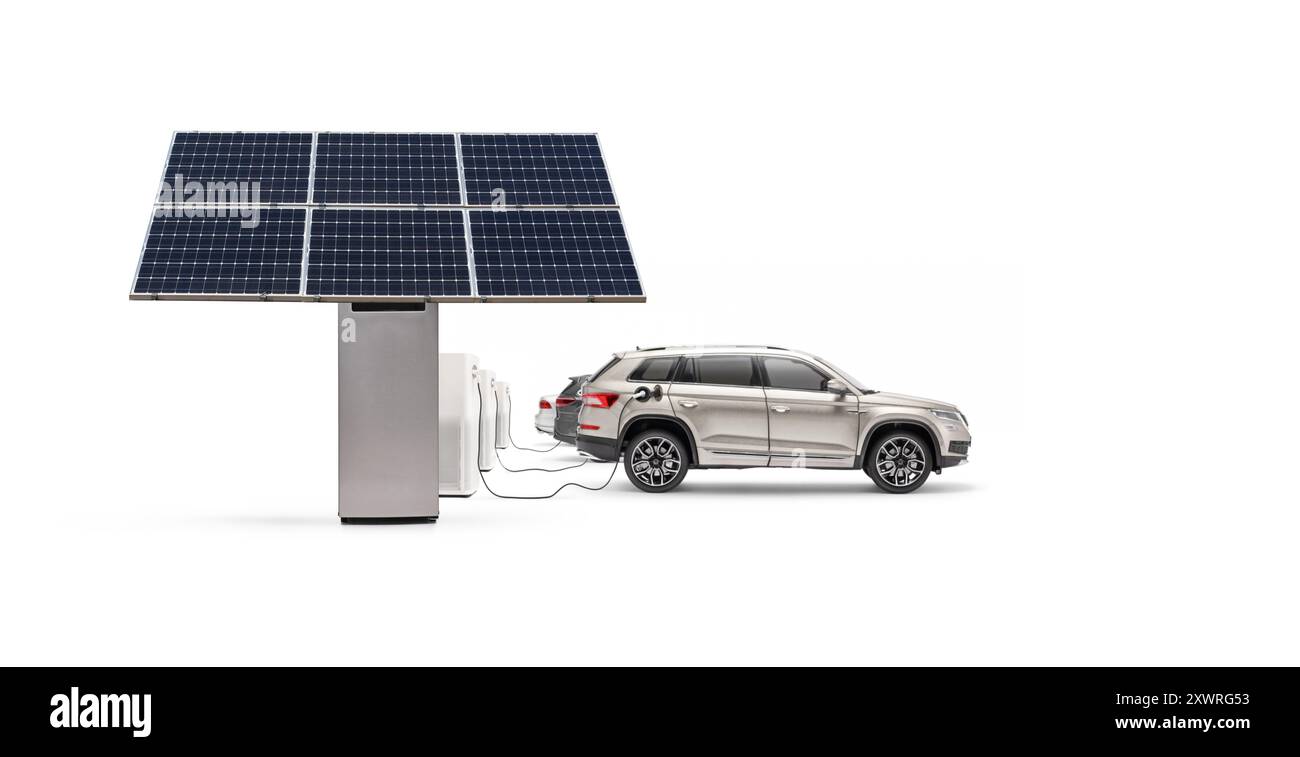 Solar electric vehicle at a charging station next to a solar panel ...