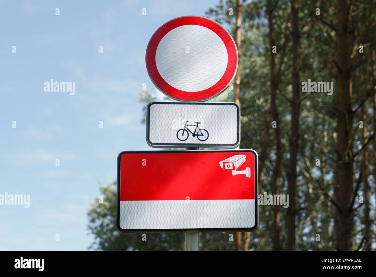 No entry, road sign. Bicycle. Monitoring area Stock Photo - Alamy
