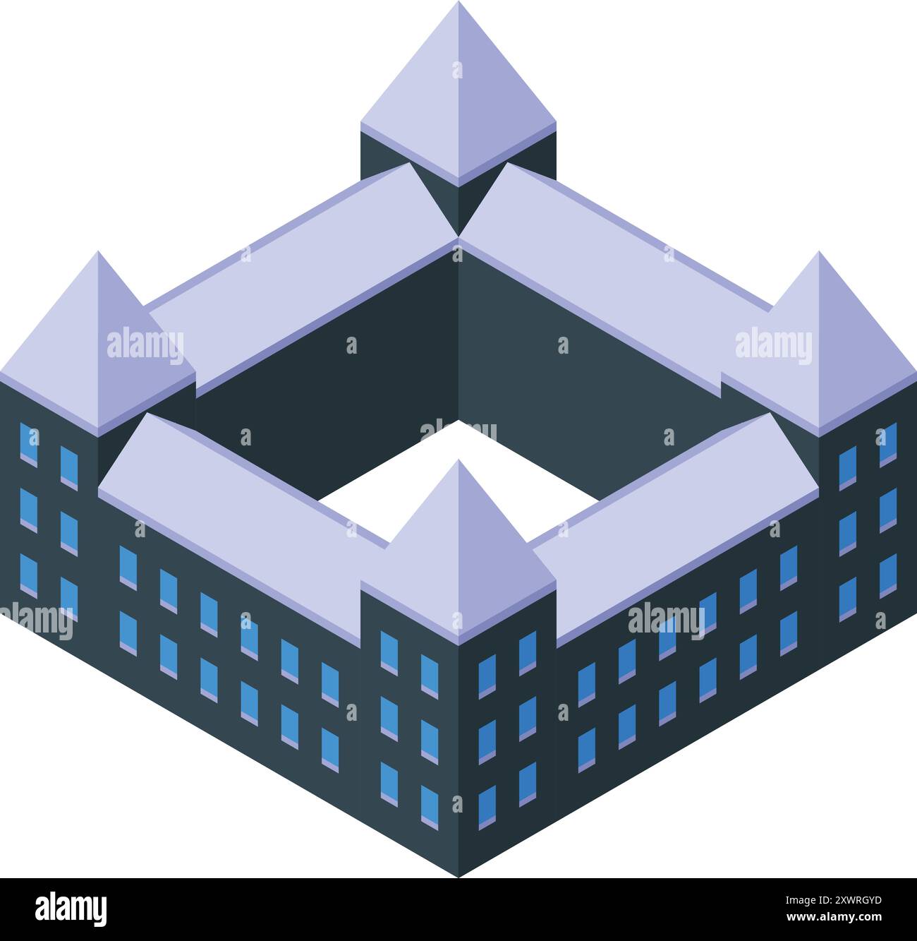 Isometric medieval castle with towers and courtyard, isolated on white ...