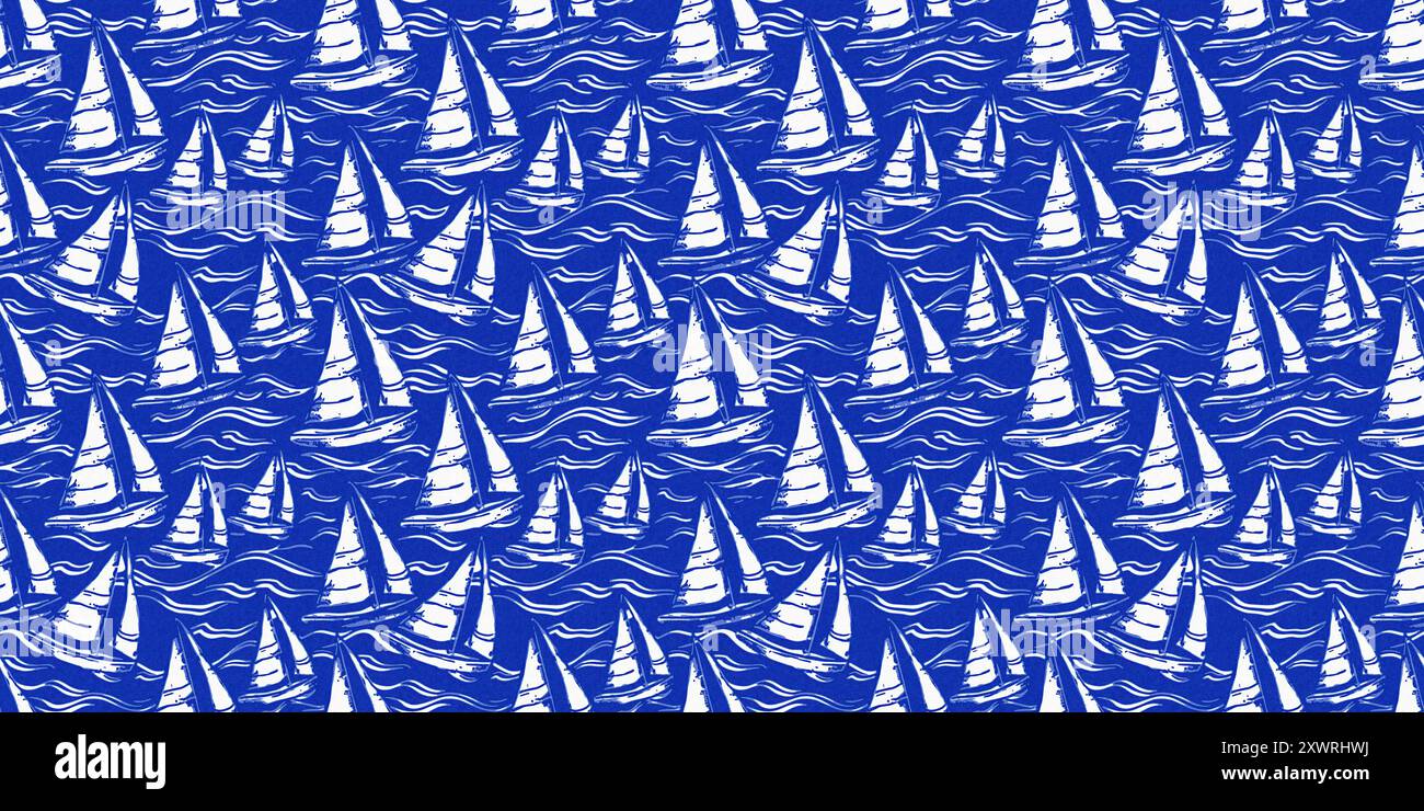 Coastal sail boat in azure ocean blue seamless border background ...