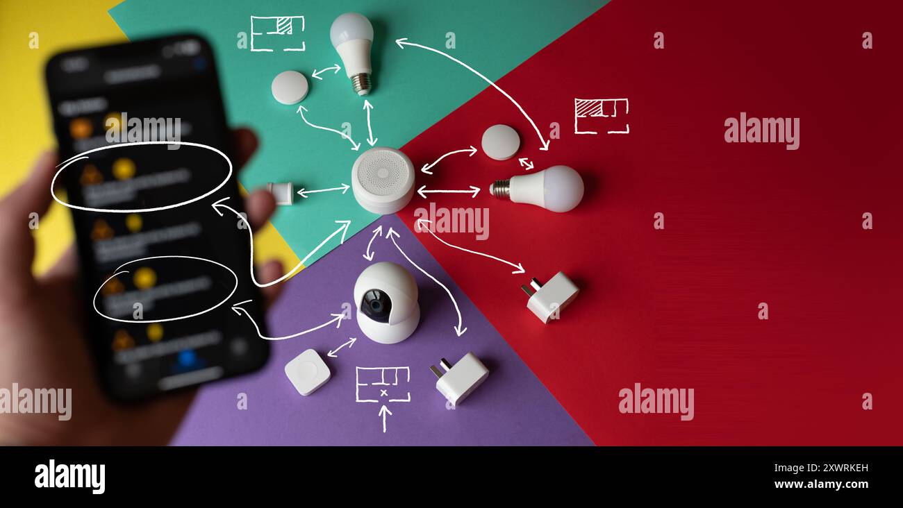 hand holding smartphone controlling home automation. Smart home devices ...