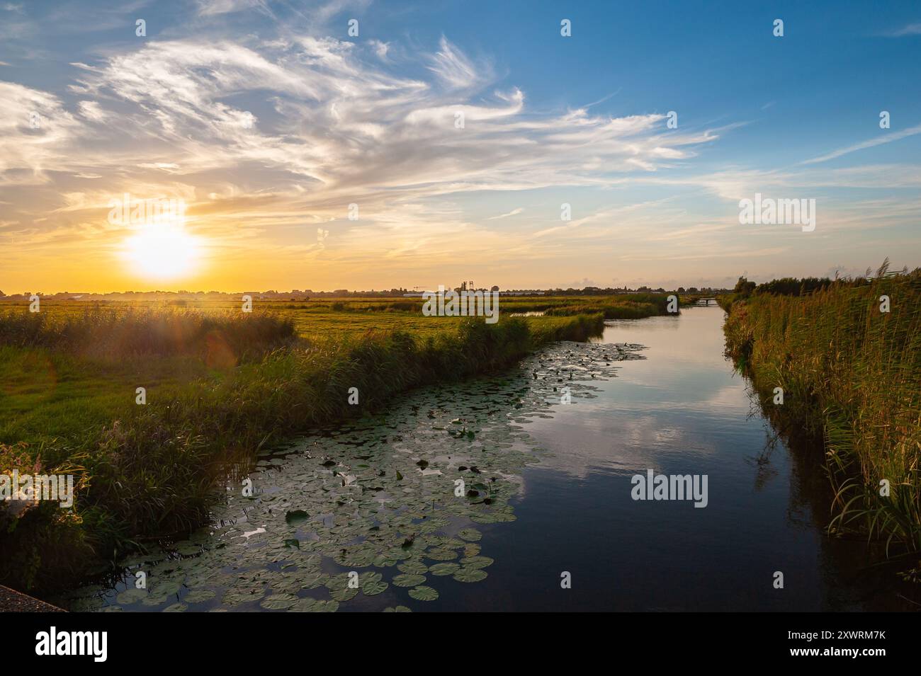 Beautiful sunset sky over a ditch in the Dutch polder landscape near Gouda, The Netherlands ...
