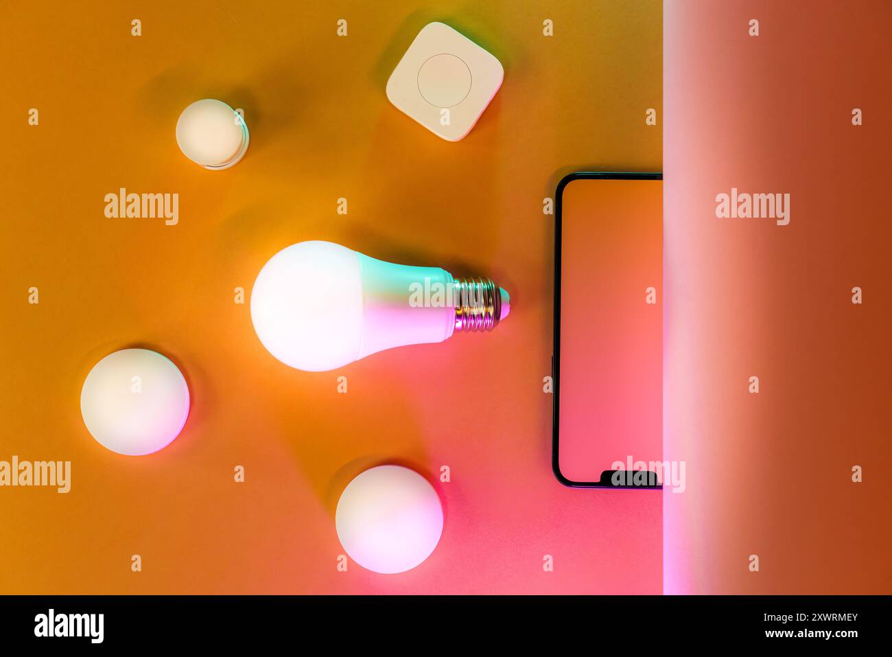 Smart home devices diagram. Light bulb. Phone empty touch screen Stock ...