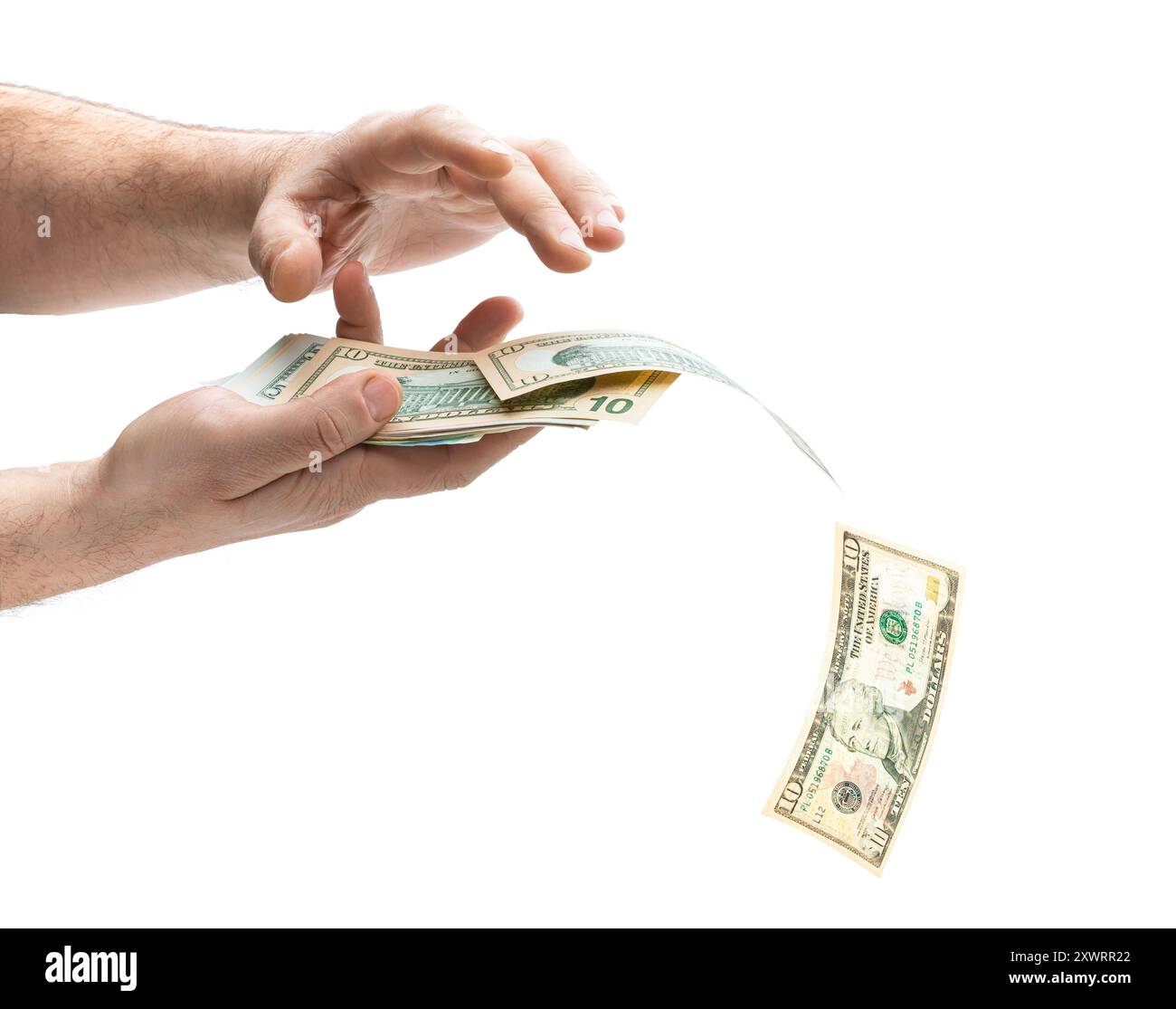 Man hands throwing dollar banknotes isolated on white background Stock ...