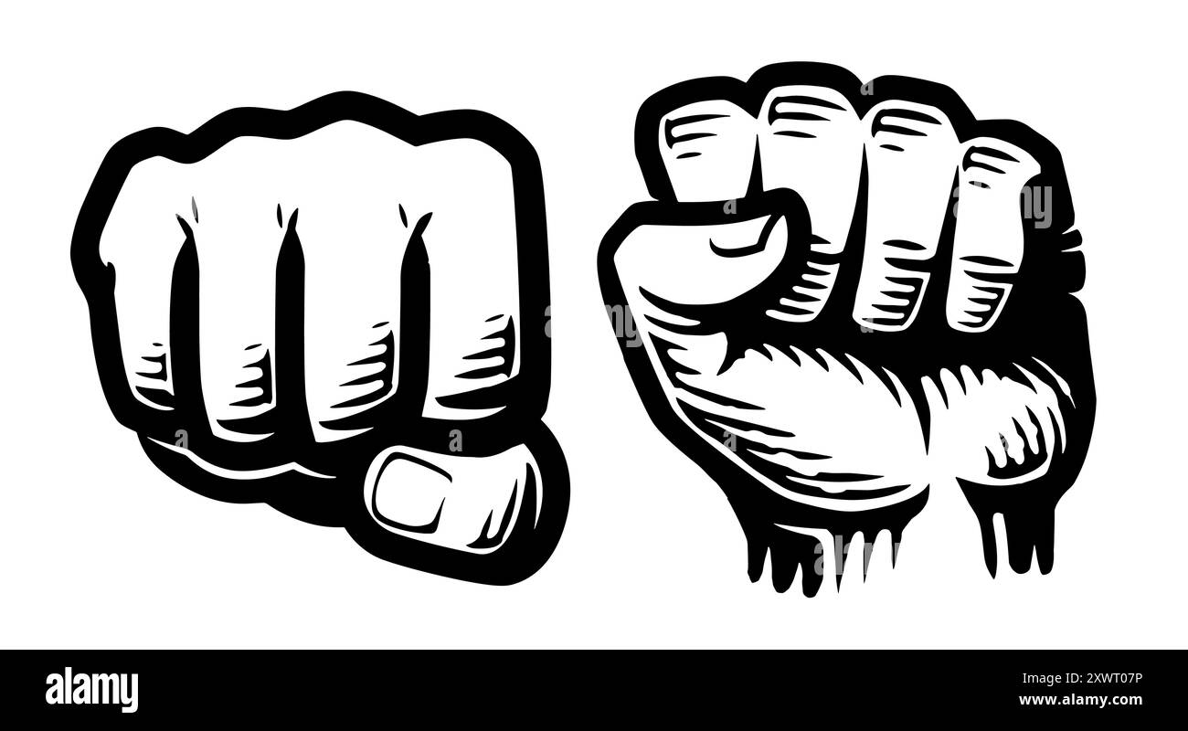 Clenched human fist. Punch emblem or symbol. Hand drawn sketch isolated ...