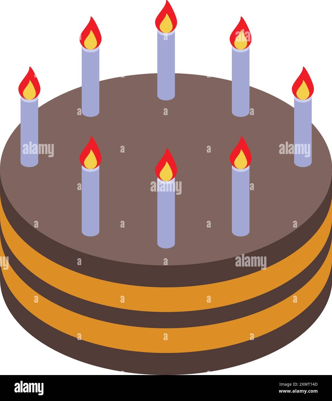Round layered chocolate birthday cake with nine burning candles is ...
